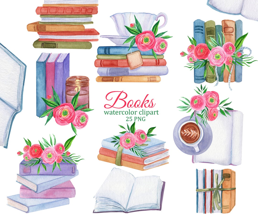 Reading Books Watercolor Clipart, Romantic Books and Flowers ...