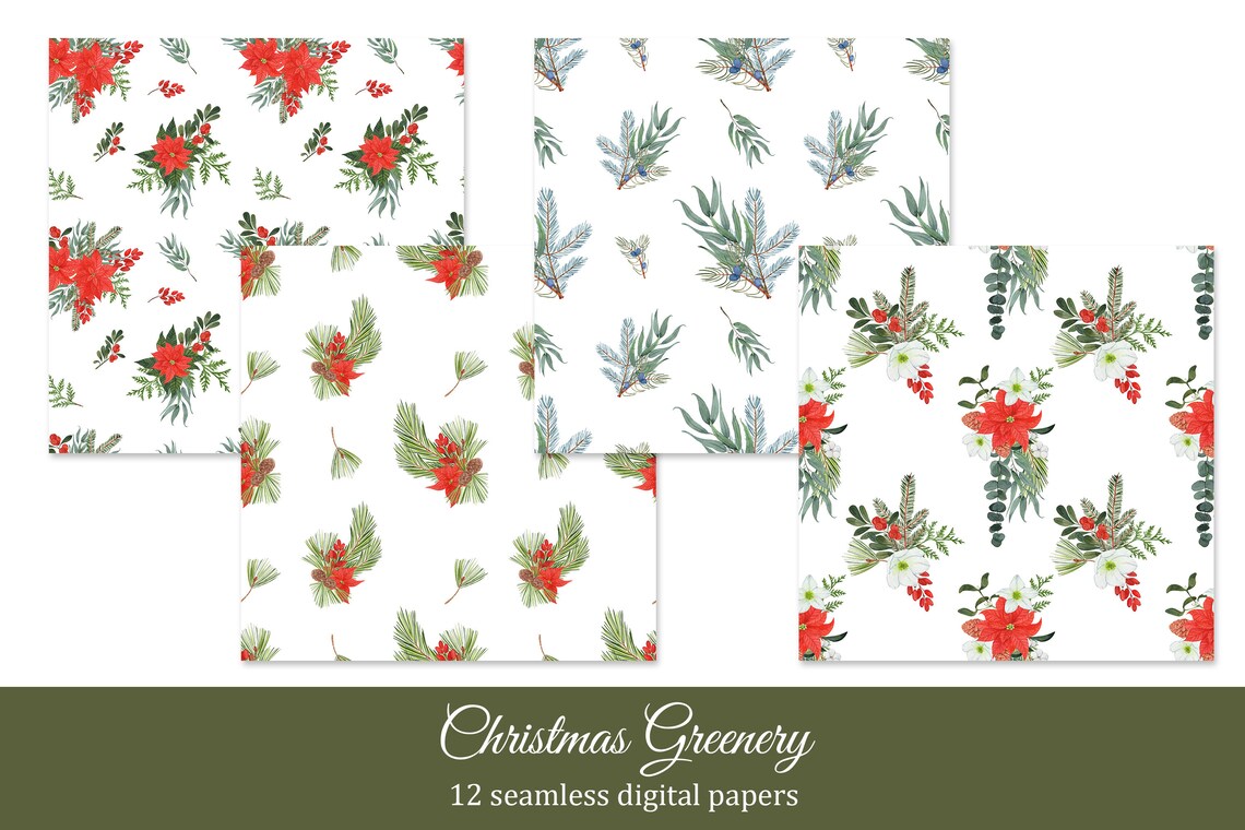 Christmas Floral Digital Papers Pack Winter Greenery and - Etsy