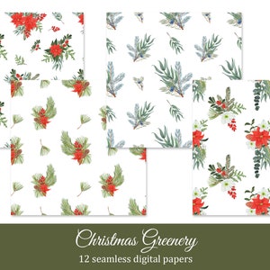 Christmas Floral Digital Papers Pack, Winter Greenery and Flowers ...