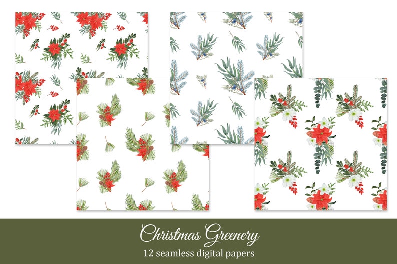 Christmas Floral Digital Papers Pack Winter Greenery and - Etsy