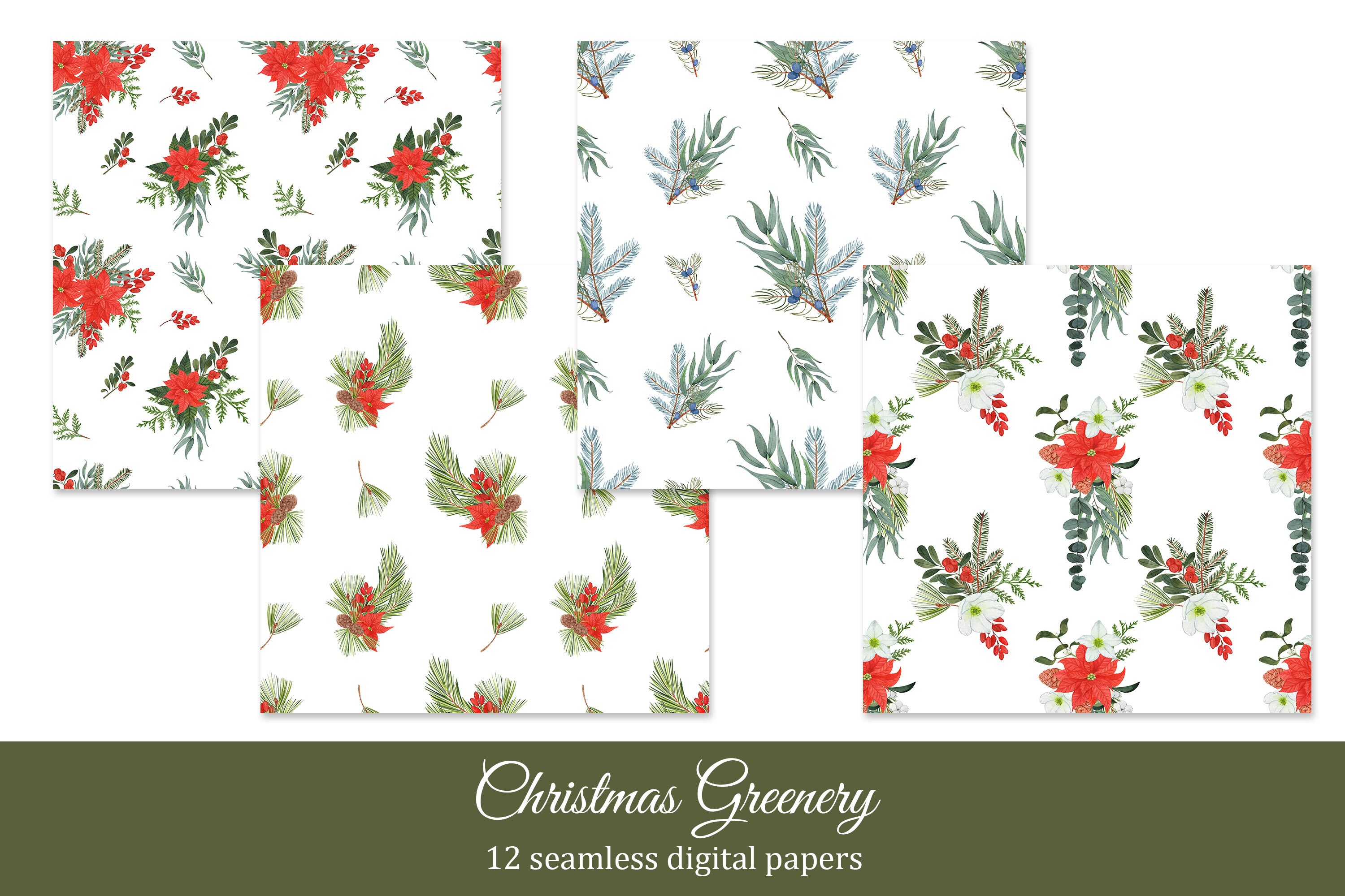 Christmas Floral Digital Papers Pack Winter Greenery and - Etsy