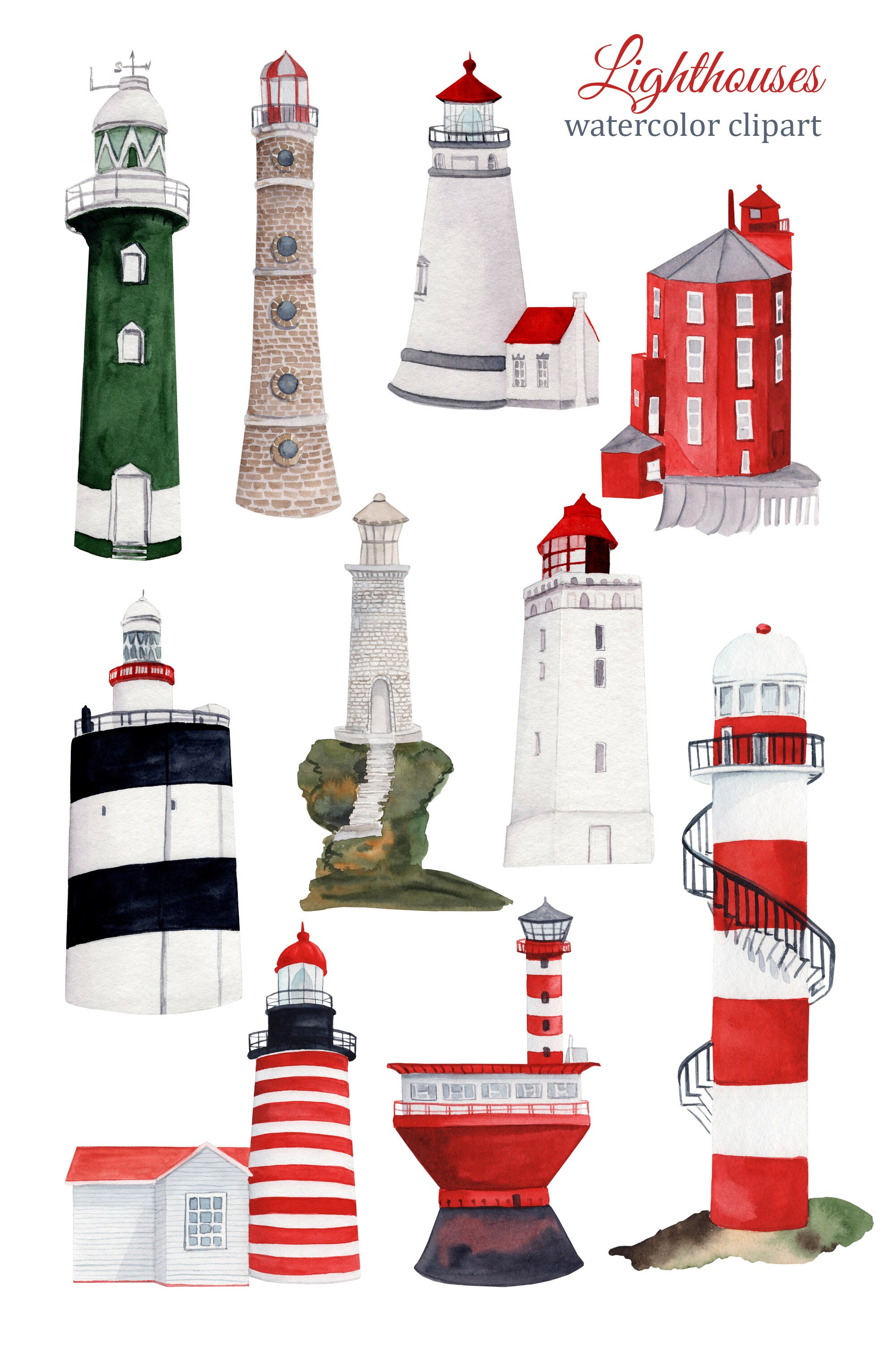 Watercolor Lighthouses Clipart Lighthhouse PNG Summer Travel - Etsy