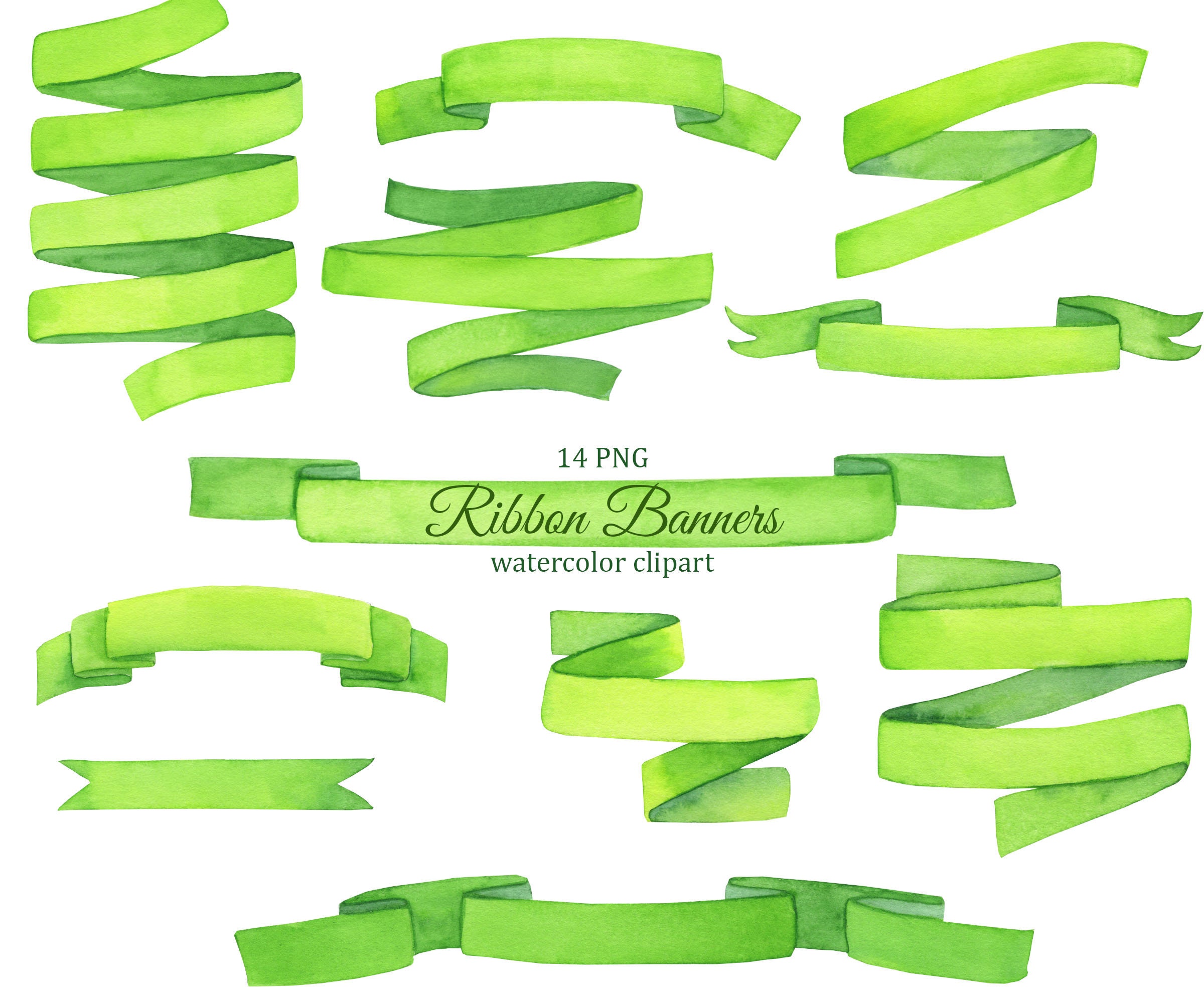 Green Ribbon Banners Watercolor Clipart, Ribbon PNG, Party Invitations ...