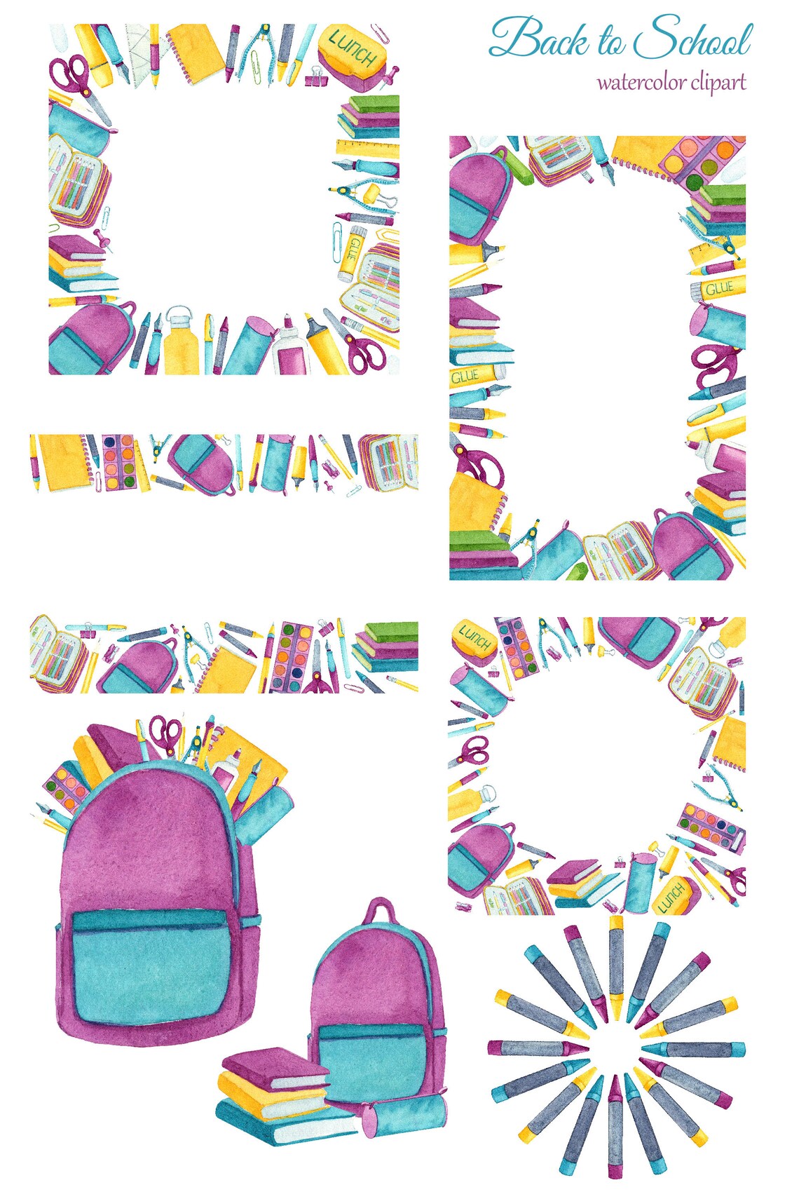 Back to School Clipart. Watercolor School Supplies - Etsy