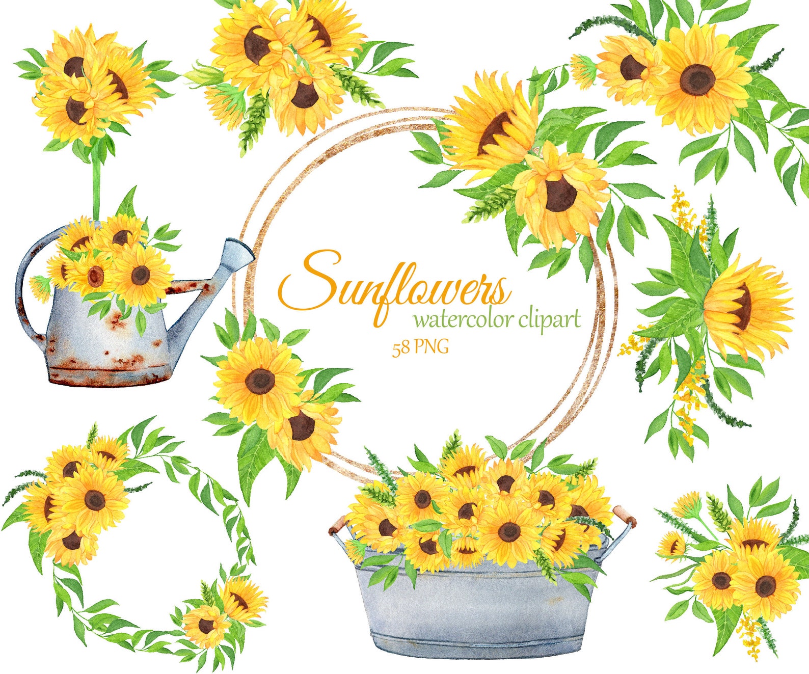 Sunflowers Watercolor Clipart. Sunflowers Wreath Summer Frame - Etsy