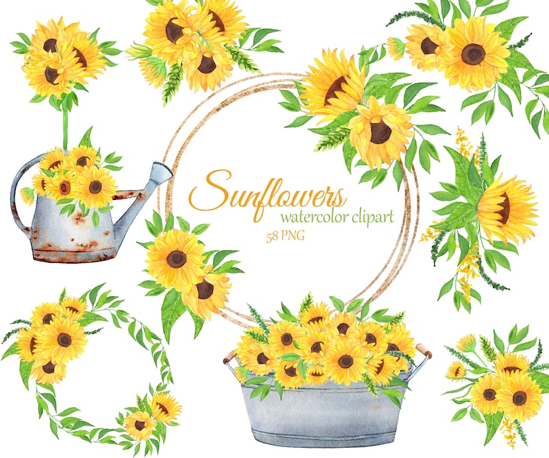 Sunflowers Watercolor Clipart. Sunflowers Wreath Summer Frame - Etsy