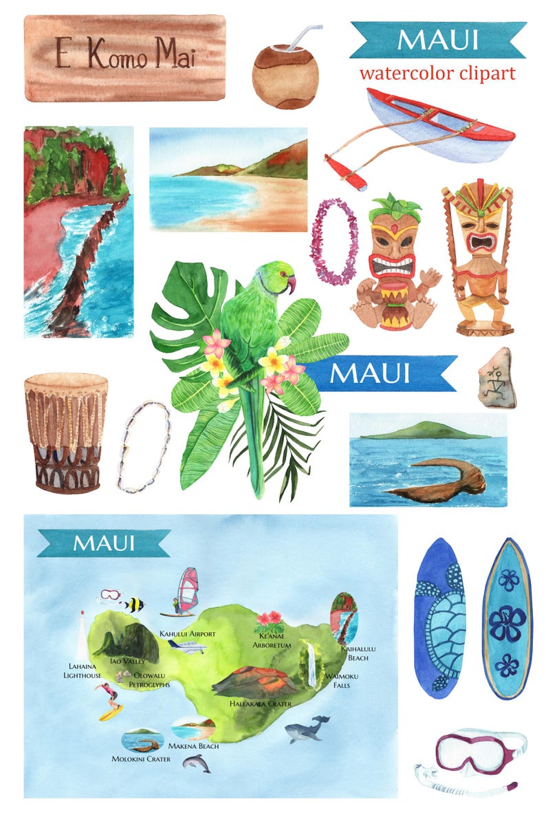 Maui Hawai Island Watercolor Map Creator Clipart. Tropical Island ...