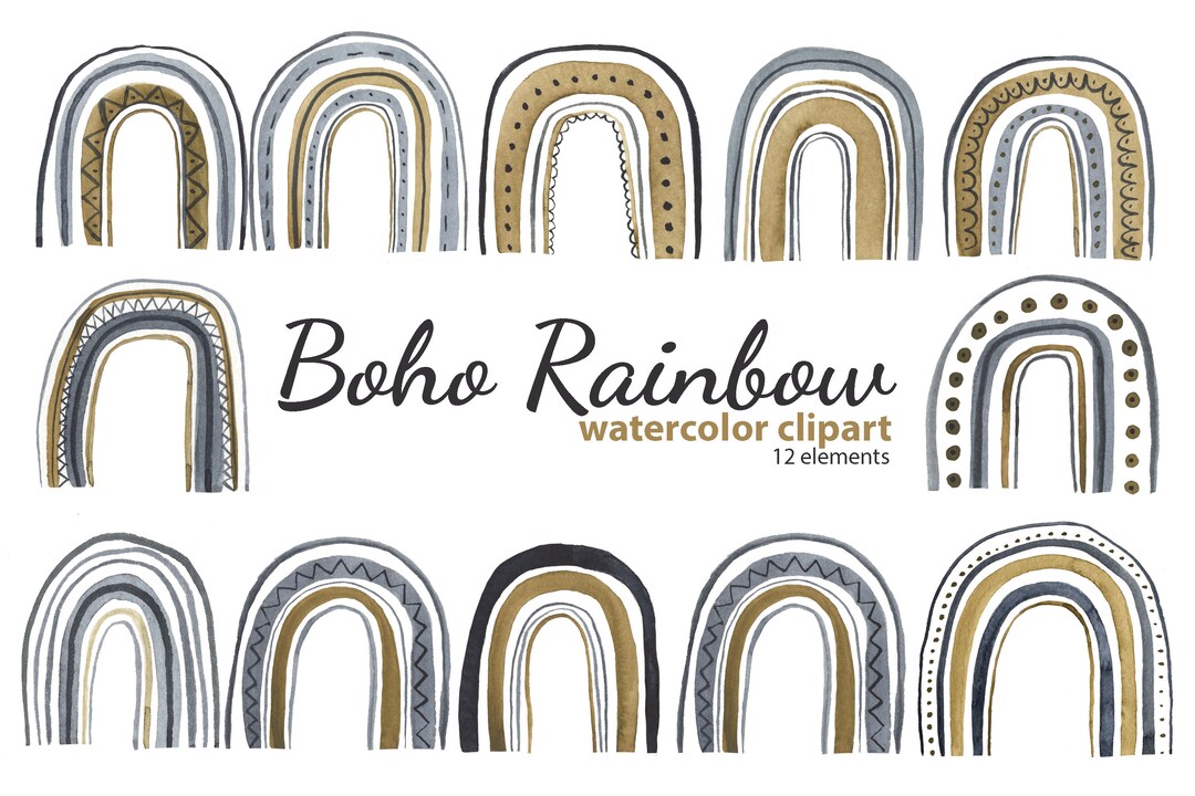 Watercolor Boho Rainbow Clipart. Hand Paited Nursery Clipart. Trendy ...