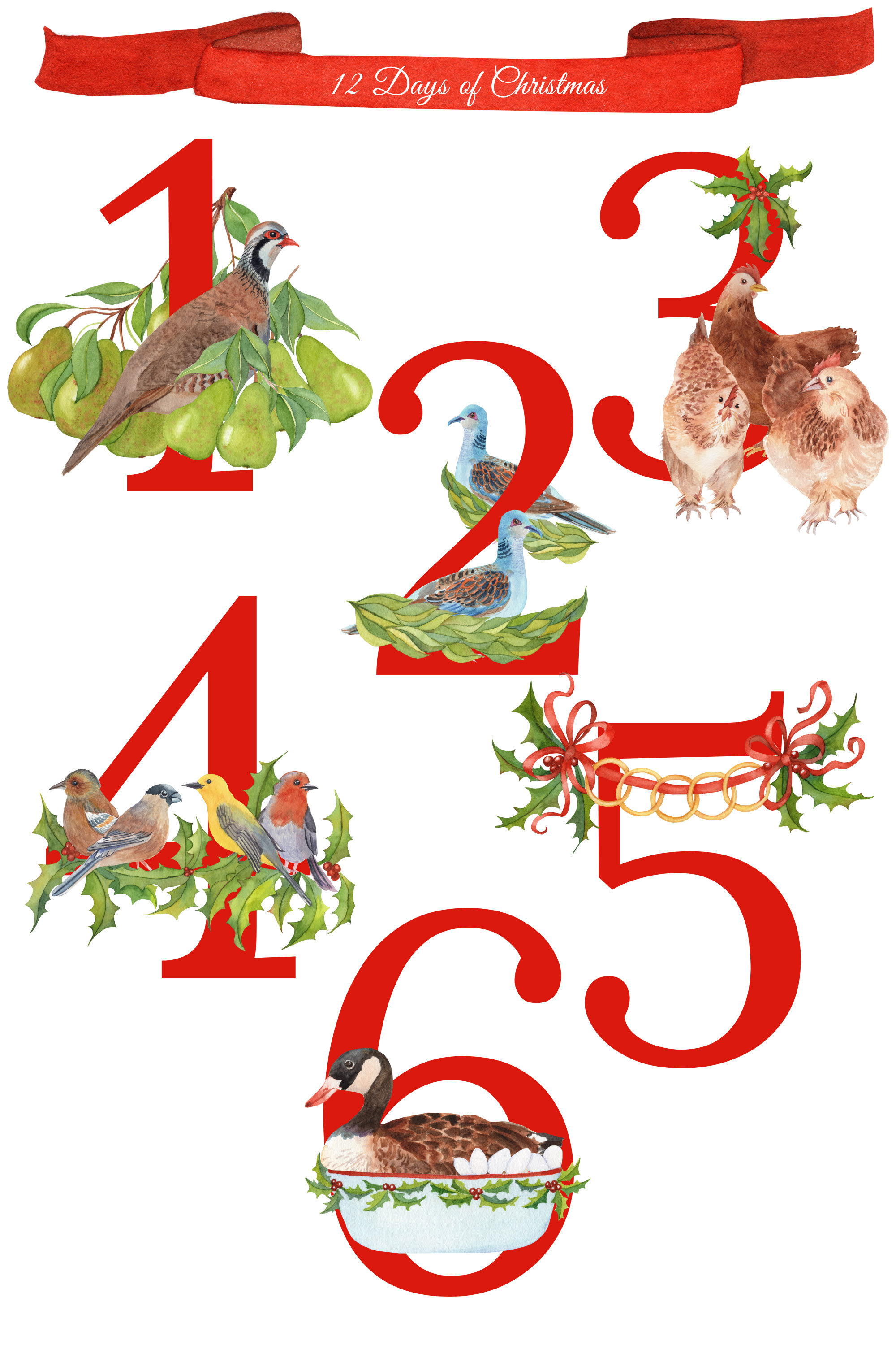 12 Days of Christmas Watercolor Clipart, Christmas Song Illustration ...