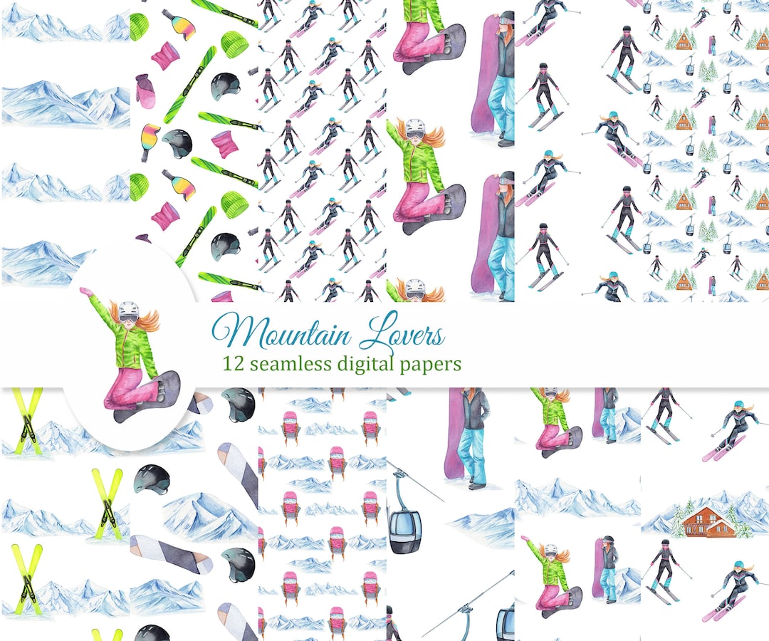 Skiing and Snowboarding Digital Papers Pack, Winter Seamless Pattern ...