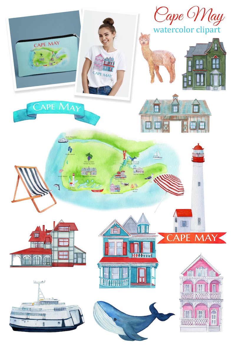 Cape May New Jersey Watercolor Clipart Map Poster Lighthouse - Etsy