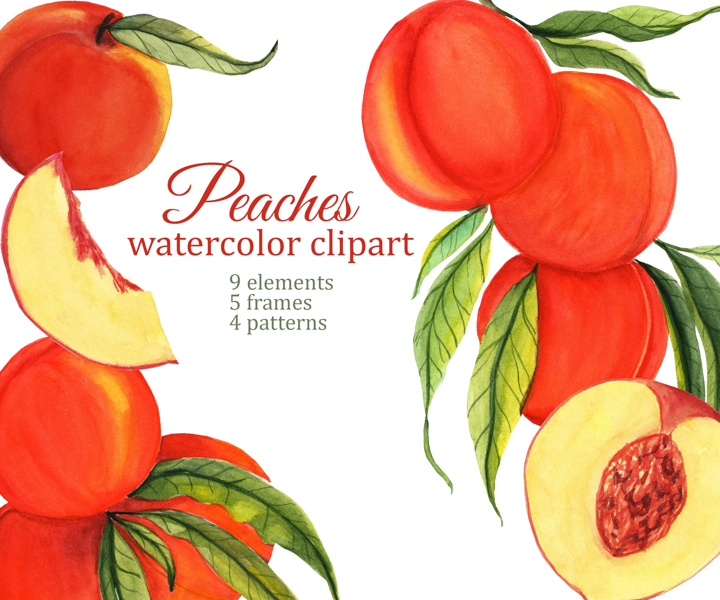 Peach Watercolor Clipart, Peaches Frames, Seamless Patterns, Decoupage ...