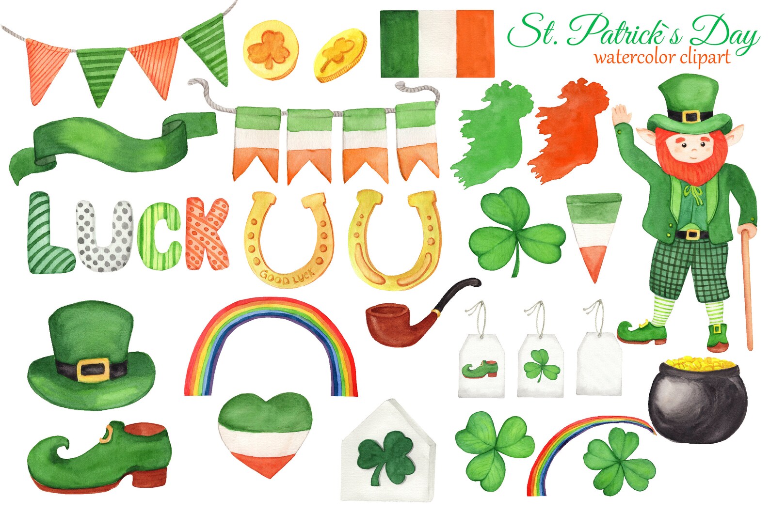 St. Patricks Day Watercolor Clipart, Irish Clipart, Lucky Shamrock ...