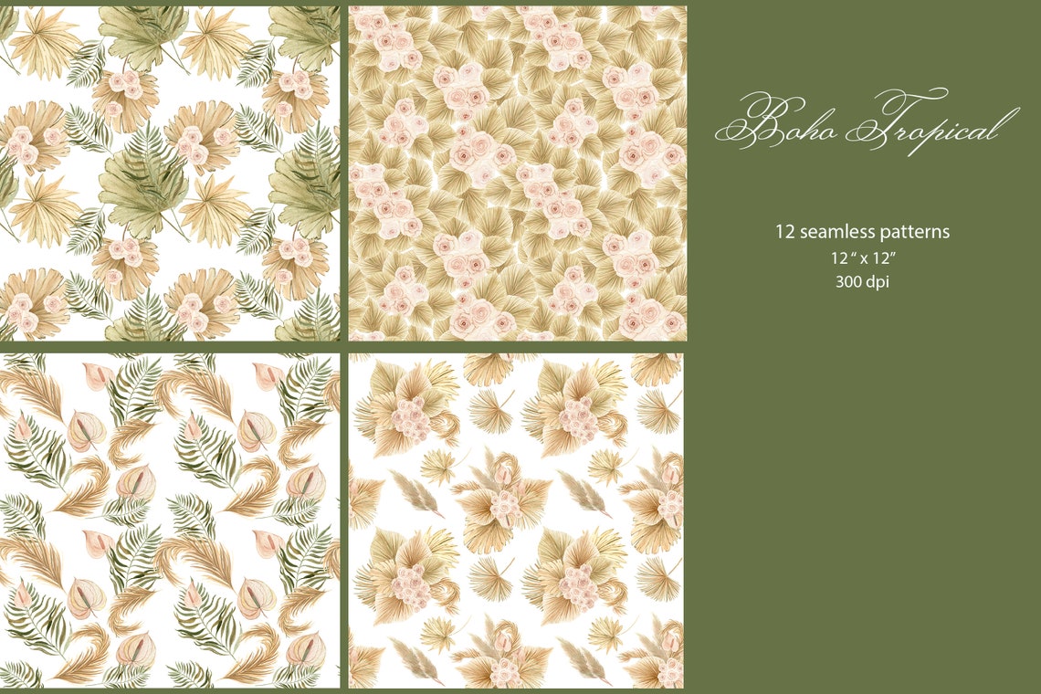 Watercolor Boho Tropical Seamless Digital Papers Set. Dried Palm Leaves ...