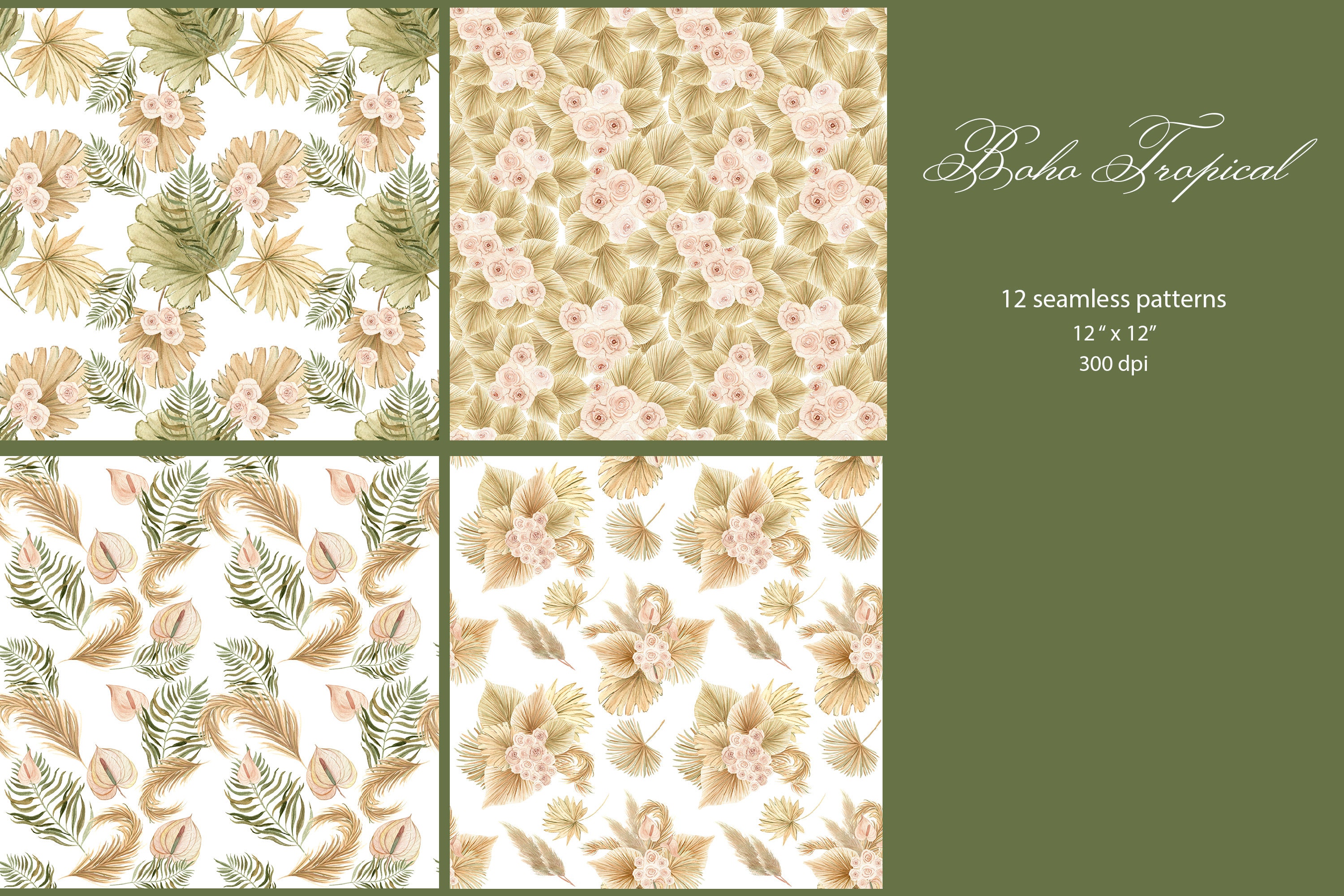 Watercolor Boho Tropical Seamless Digital Papers Set. Dried Palm Leaves ...