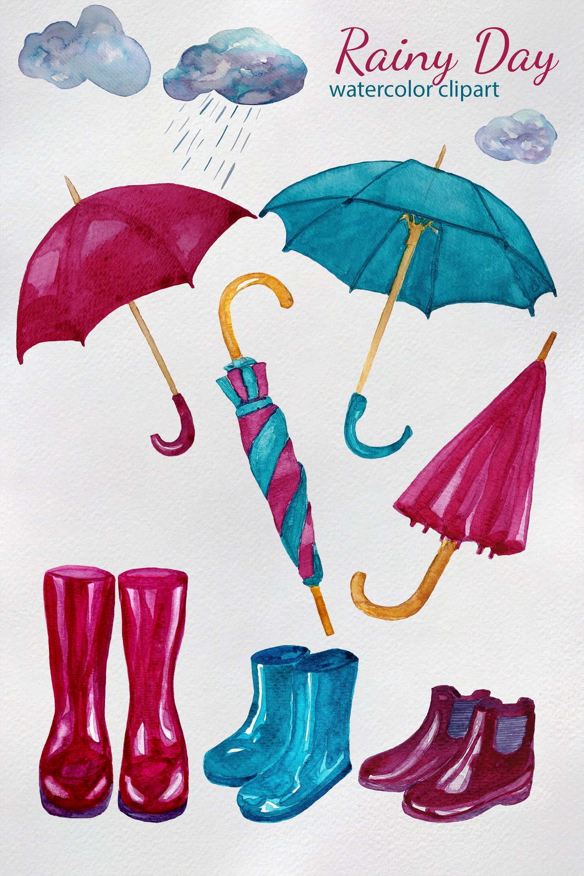Rainy Day Watercolor Clipart Rainboots Clipart Umbrella - Etsy