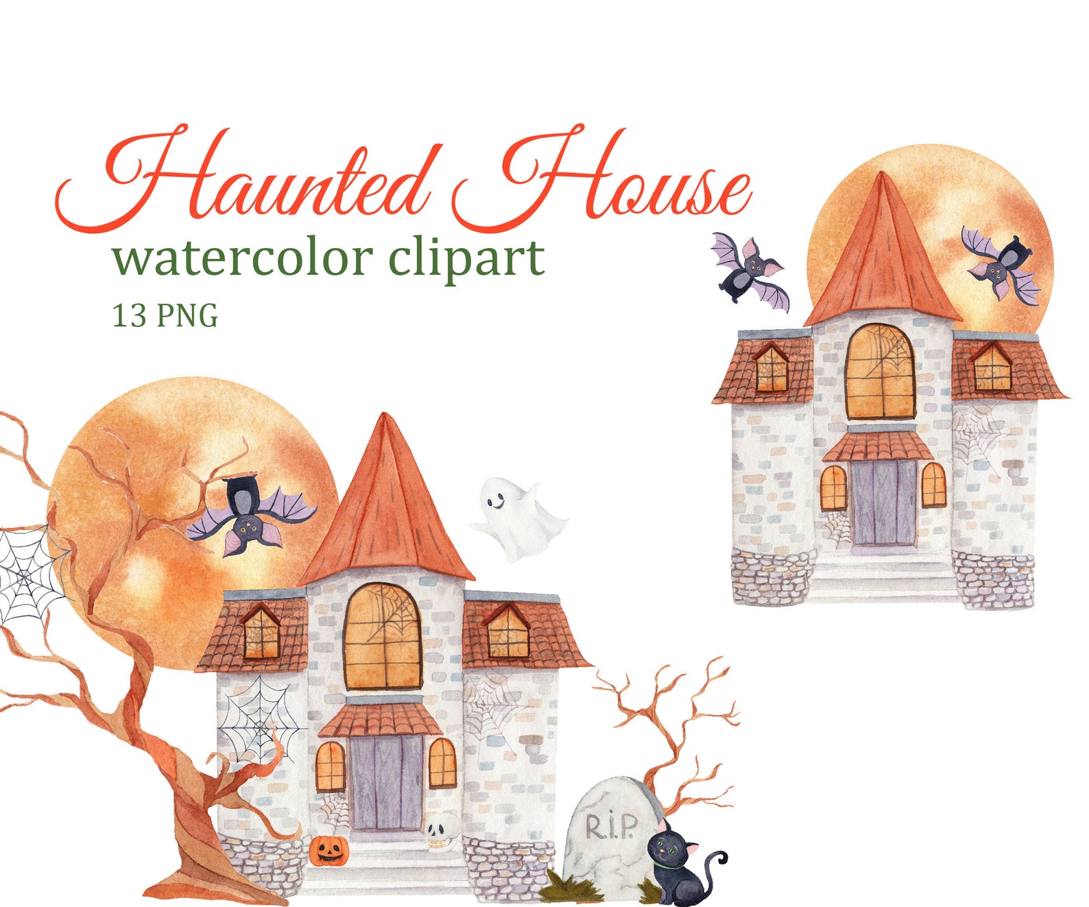 Haunted House Halloween Watercolor Clipart Fall PNG Cute - Etsy