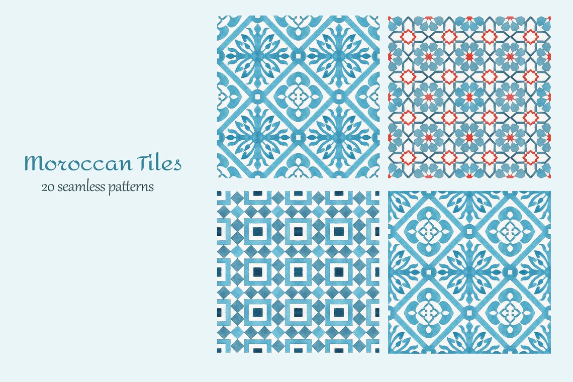 Watercolor Moroccan Tiles Seamless Pattern. Blue Tile Mosaic Digital ...