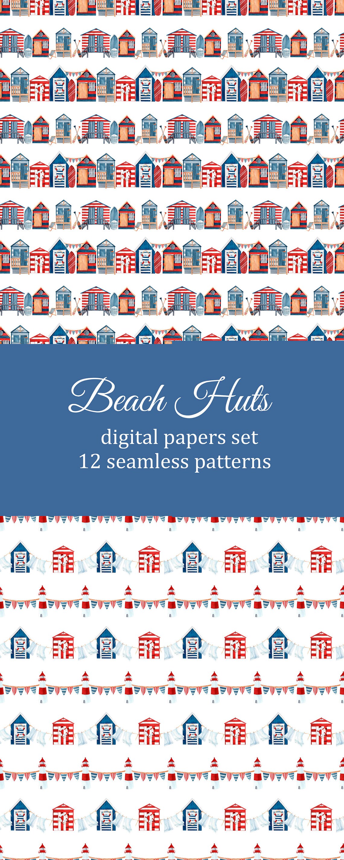 Beach huts digital papers set ocean seamless pattern | Etsy
