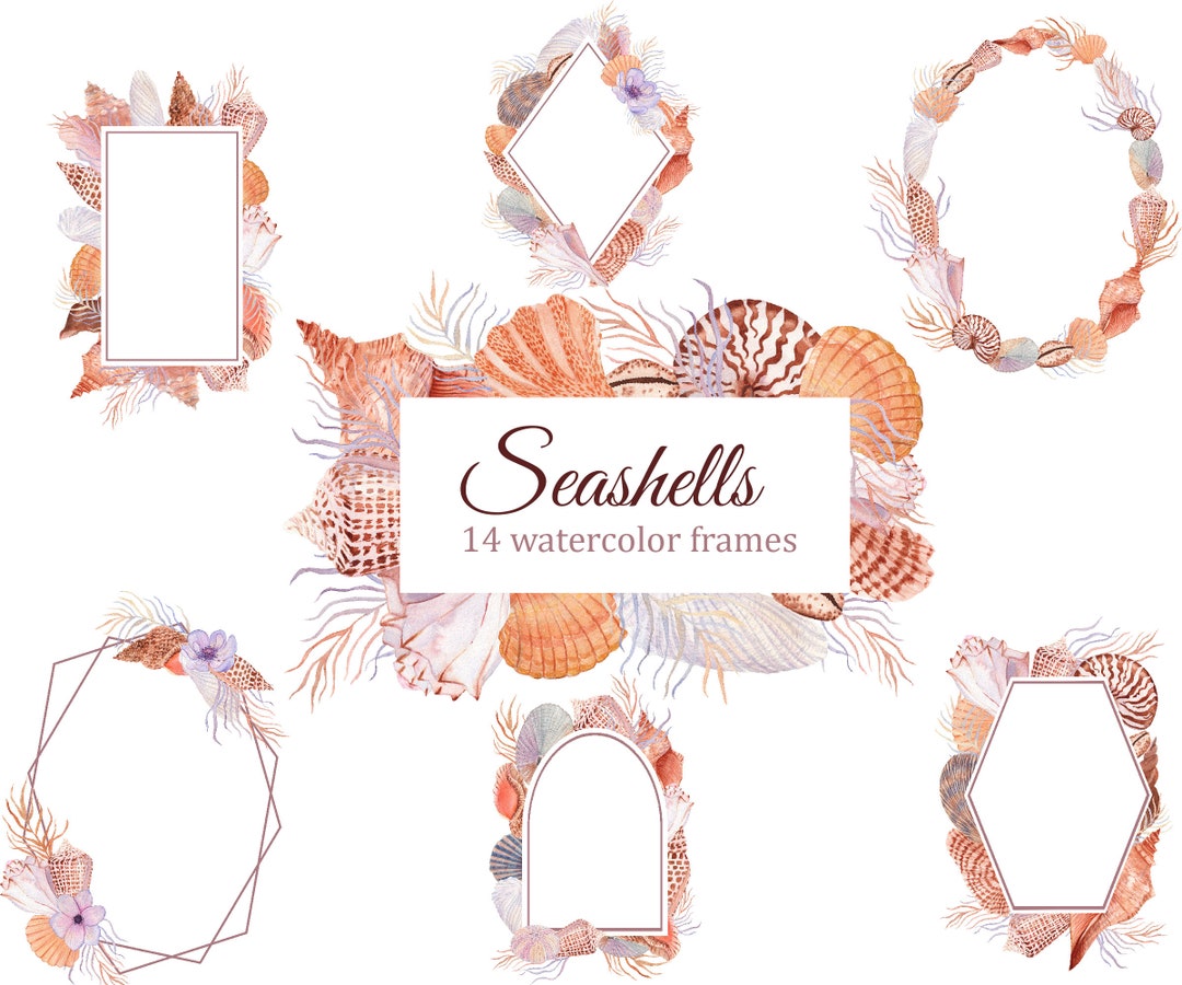 Seashell Watercolor Wreaths, Frames, Nautical Clipart, Beach Wedding ...