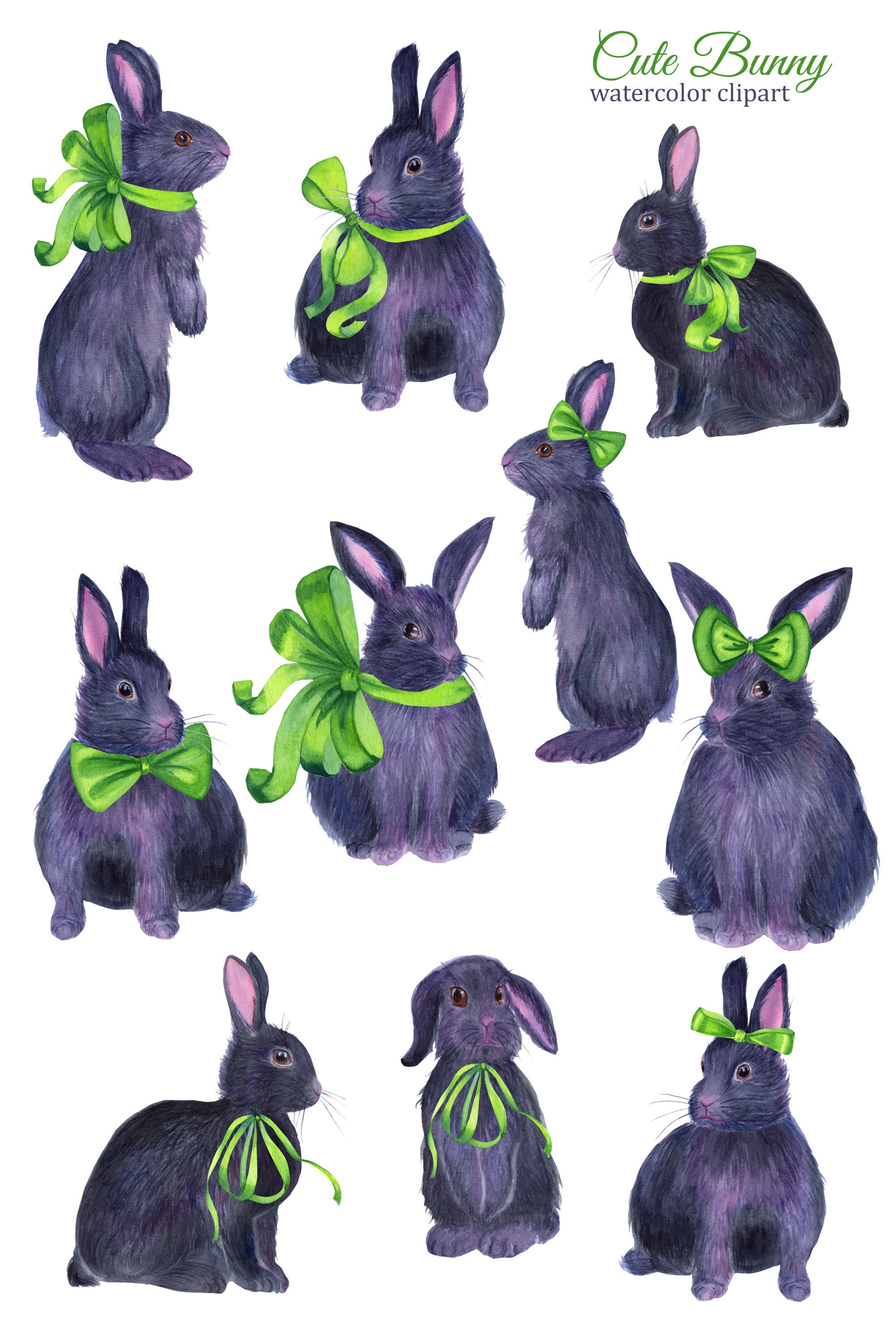 Cute Bunnies Watercolor Clipart, Easter Rabbits With Bow, Ribbons ...