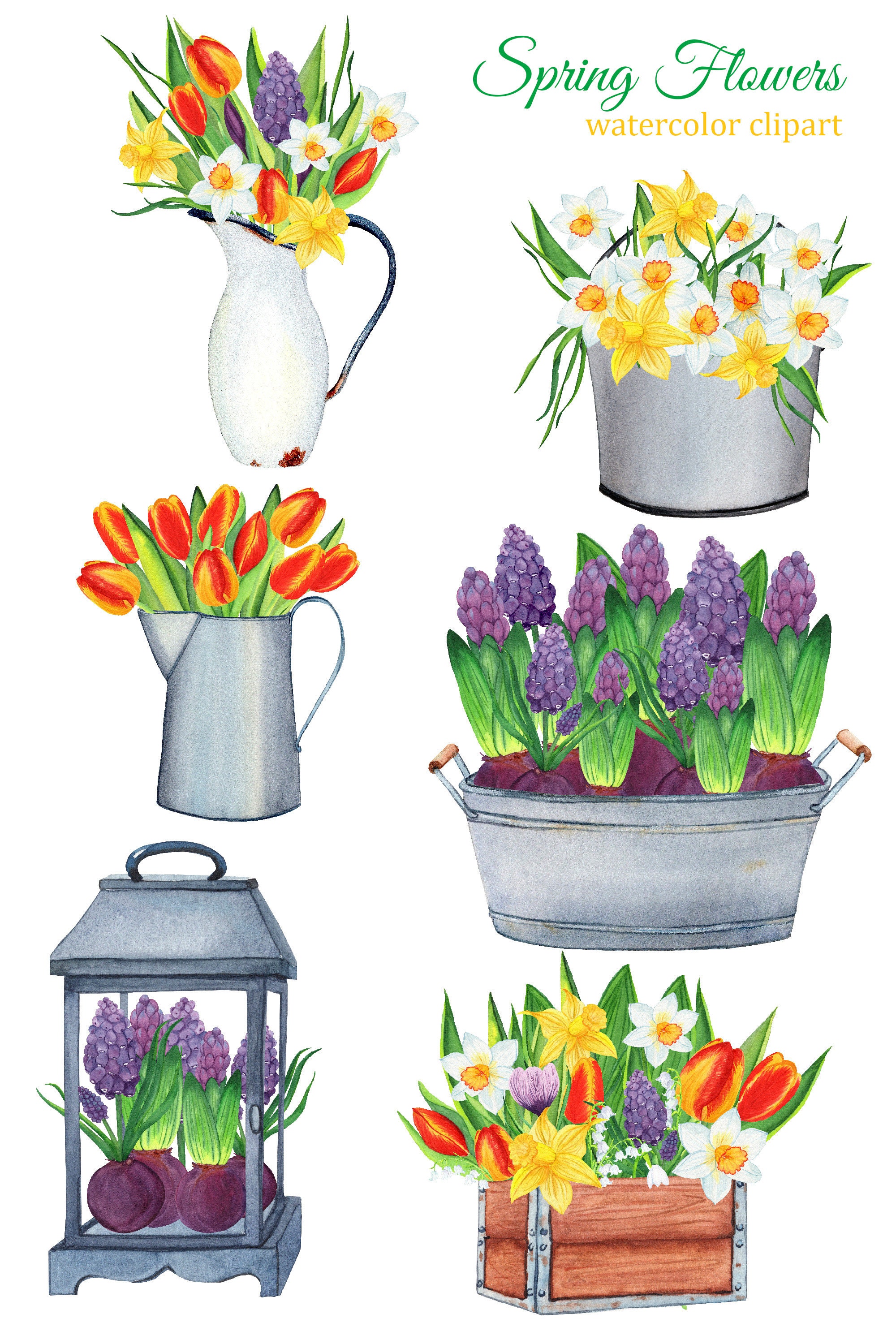 Spring Flowers Watercolor Clipart, Spring PNG, Farmhouse Clip Art ...