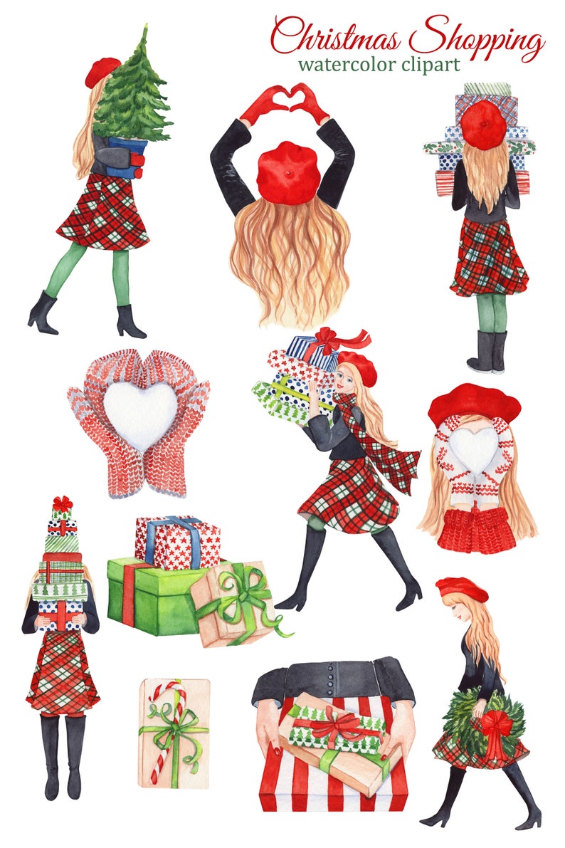 Christmas Shopping Girl Clipart Christmas Gifts Watercolor - Etsy