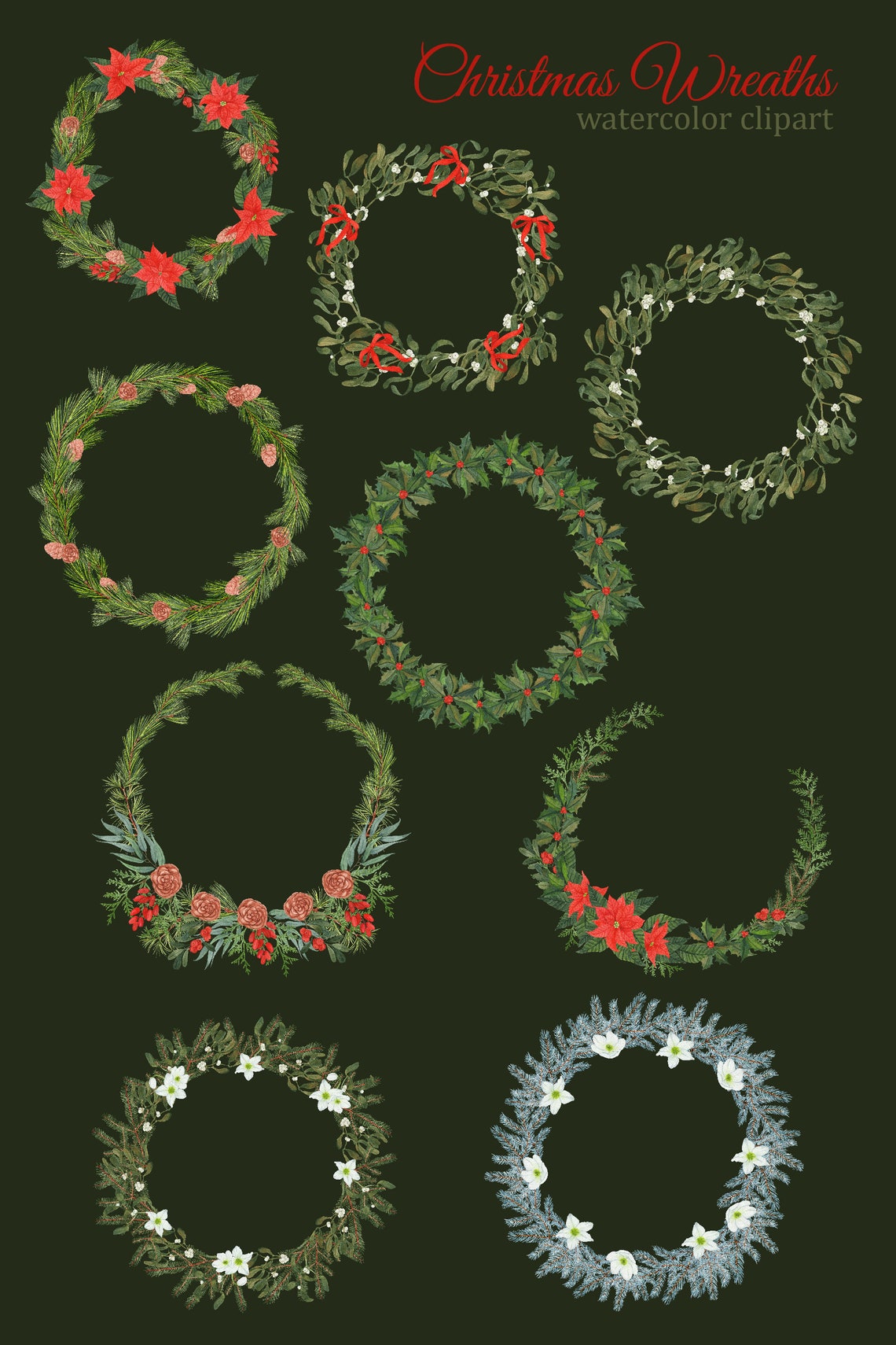 Christmas Wreaths Watercolor Clipart Winter Greenery and - Etsy