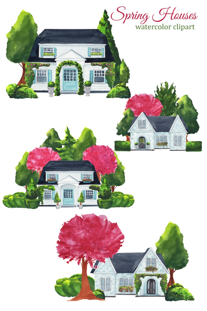Spring House Watercolor Clipart Sweet Home PNG Scene - Etsy