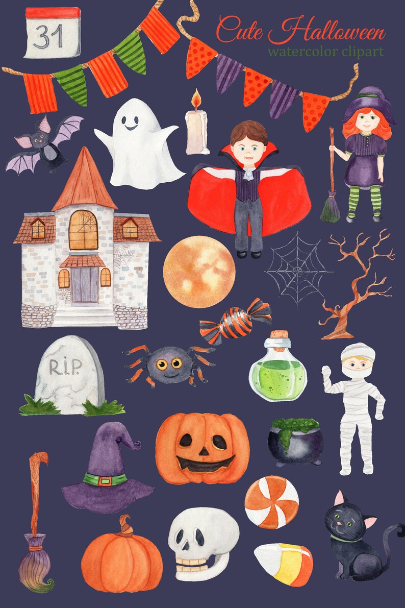 Cute Halloween Watercolor Clipart Halloween Costume Party - Etsy