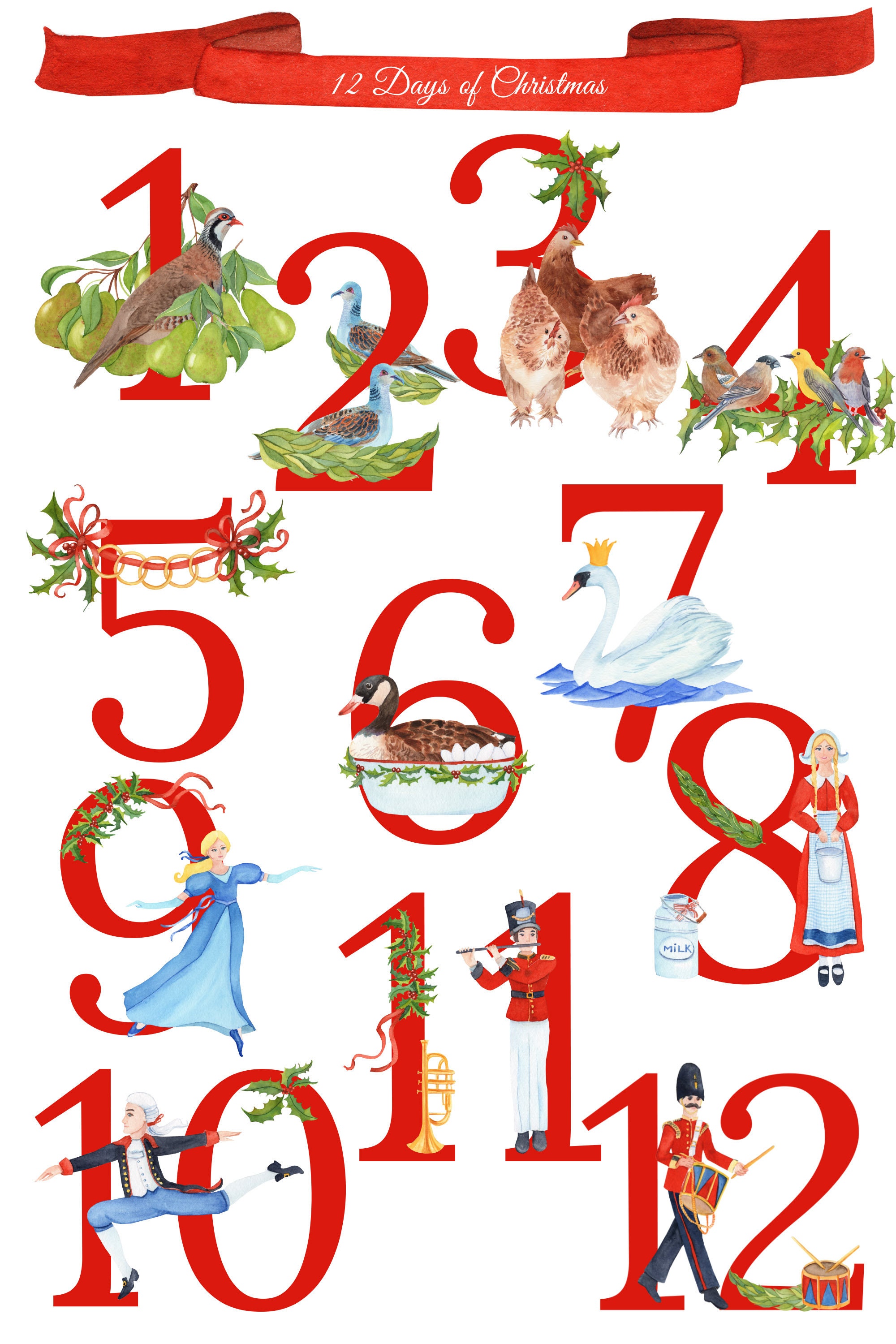 12 Days of Christmas Watercolor Clipart, Christmas Song Illustration ...