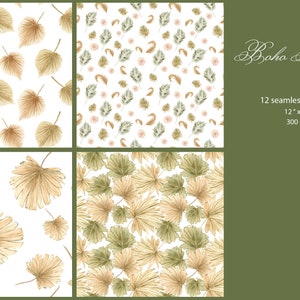 Watercolor Boho Tropical Seamless Digital Papers Set. Dried Palm Leaves ...
