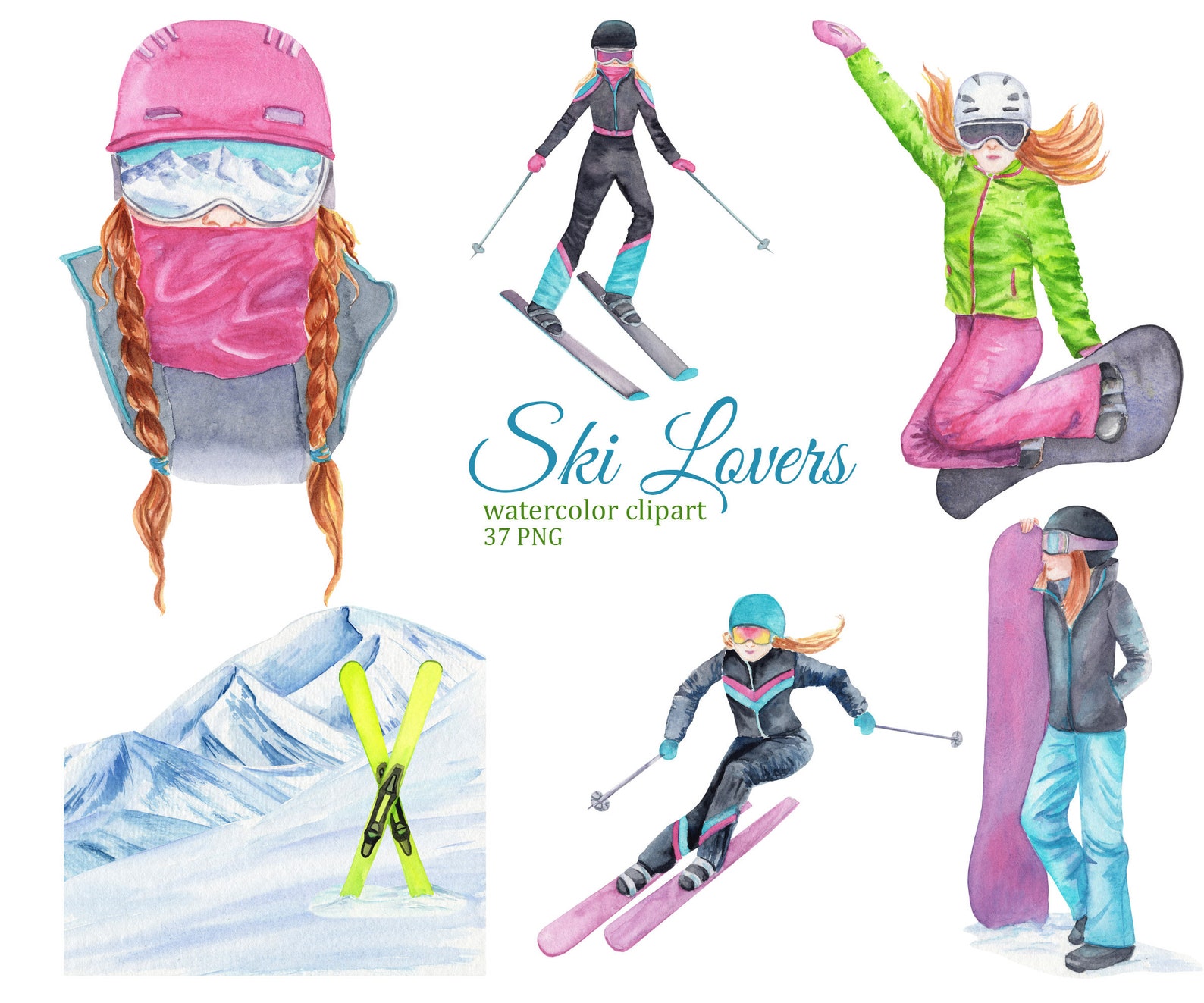 Watercolor Skiing and Snowboarding Clipart Winter Clipart - Etsy
