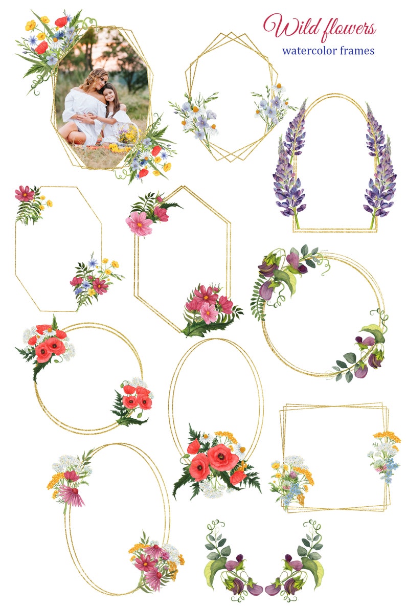Wild Flowers Frames Watercolor Clipart Meadow Flowers Png - Etsy