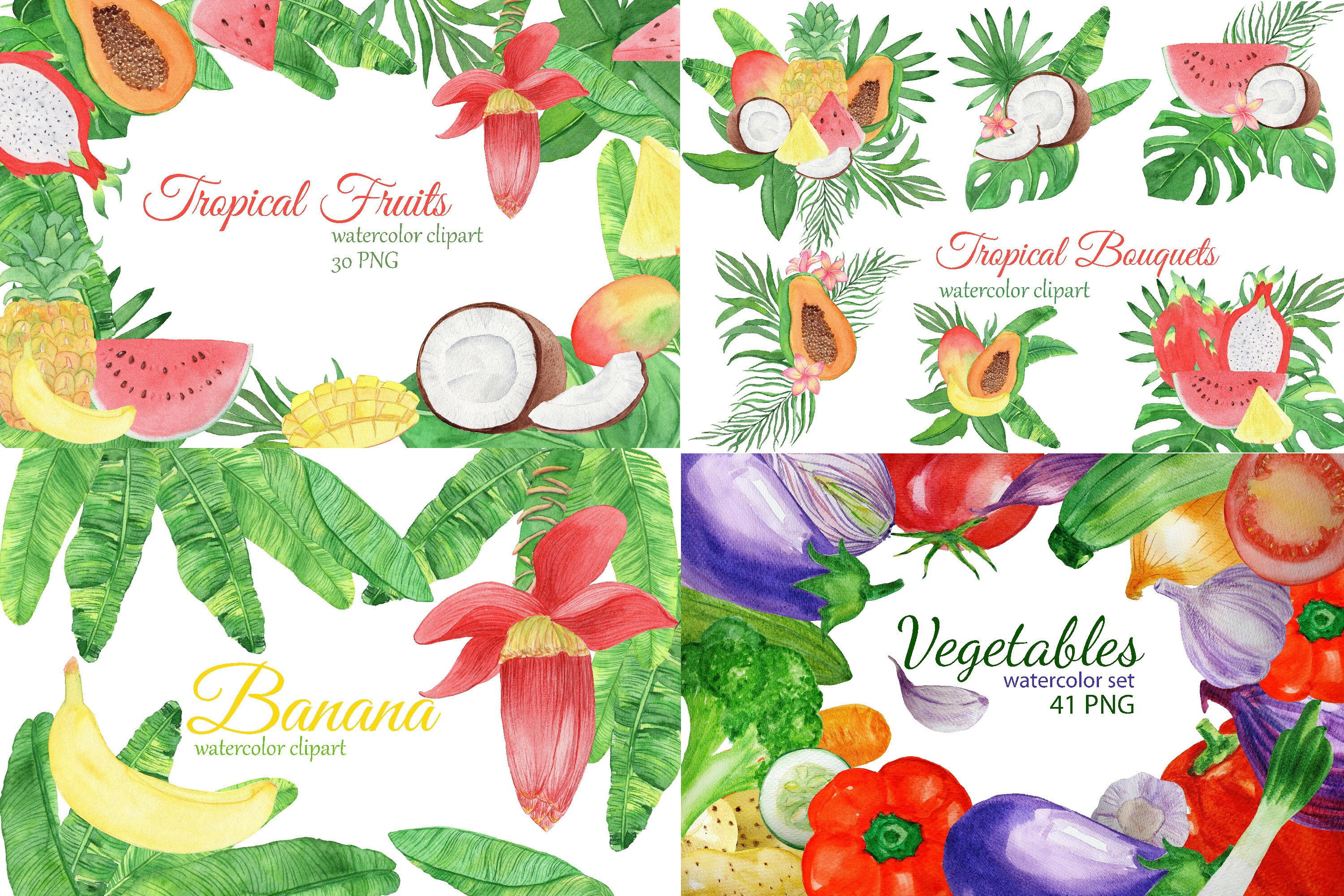 Big Summer Watercolor Clipart Bundle. Boho Tropical Clipart. Fruits ...