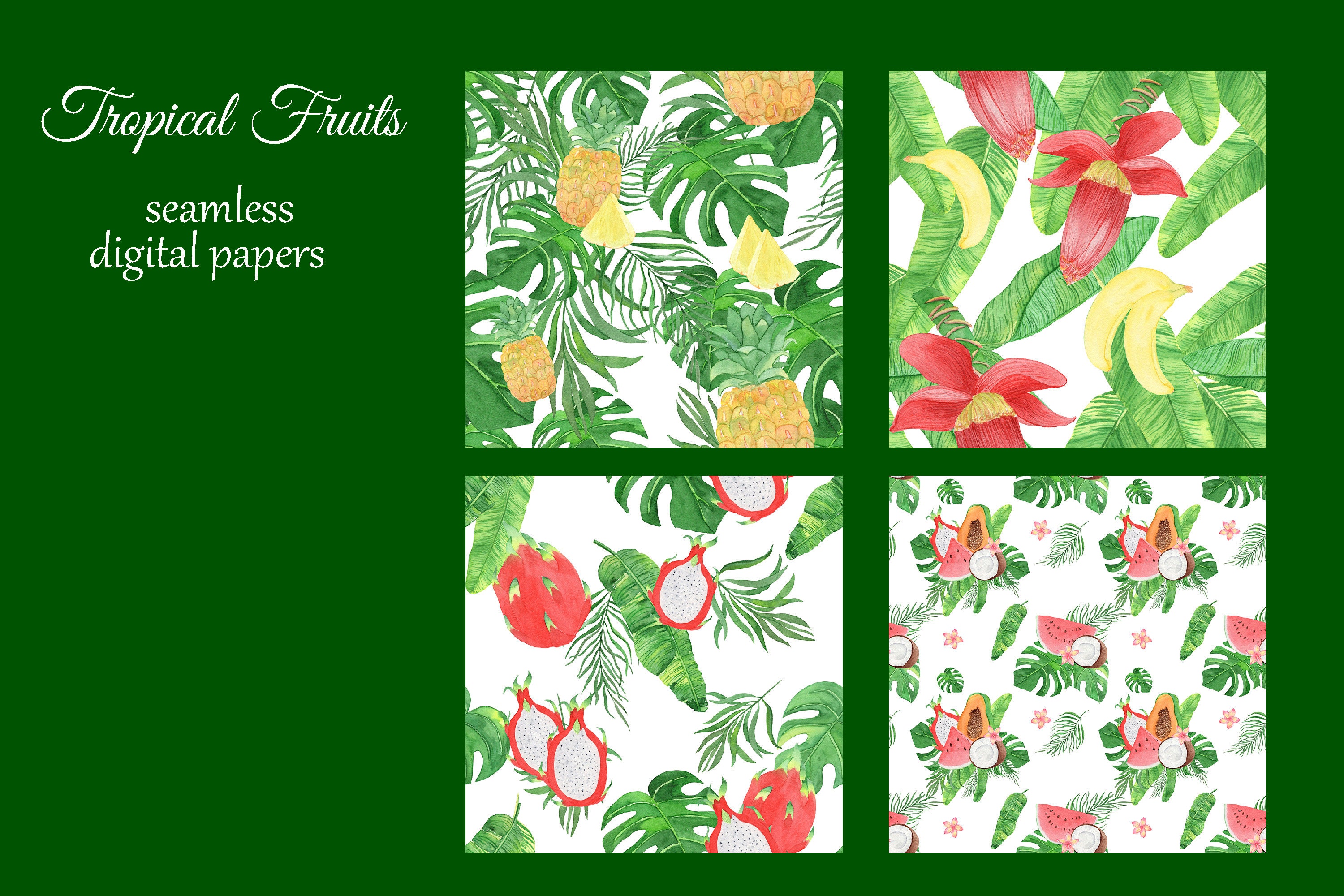 Watercolor Tropical Fruits Digital Papers. Palm Leaves - Etsy