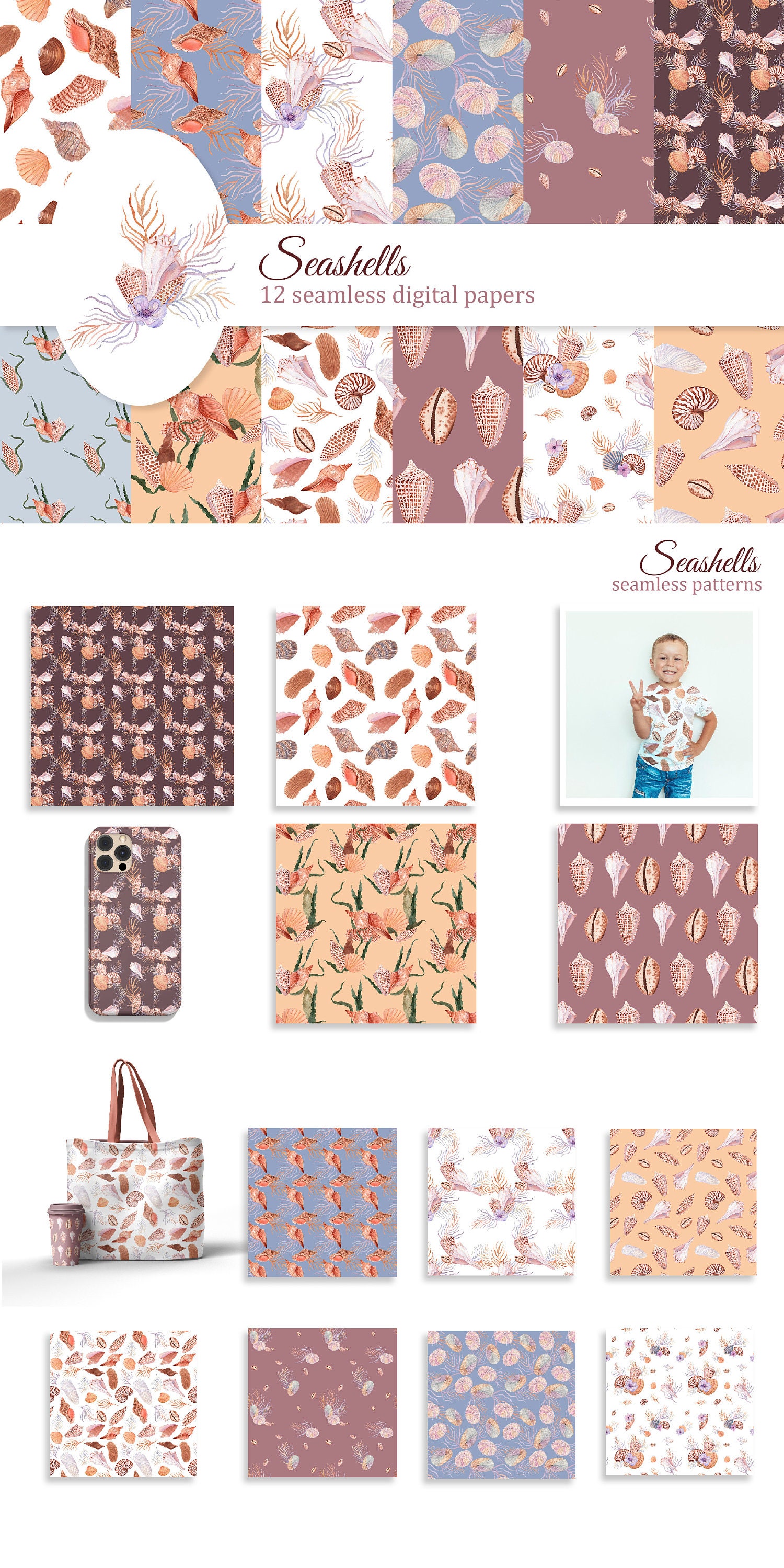 Seashells Digital Papers Set Ocean Seamless Pattern Nautical - Etsy