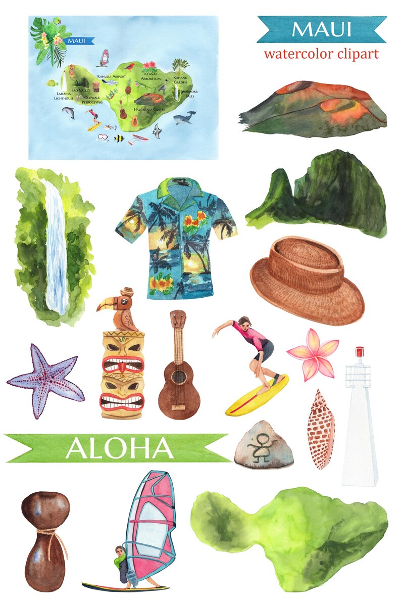 Maui Hawai Island Watercolor Map Creator Clipart. Tropical Island ...