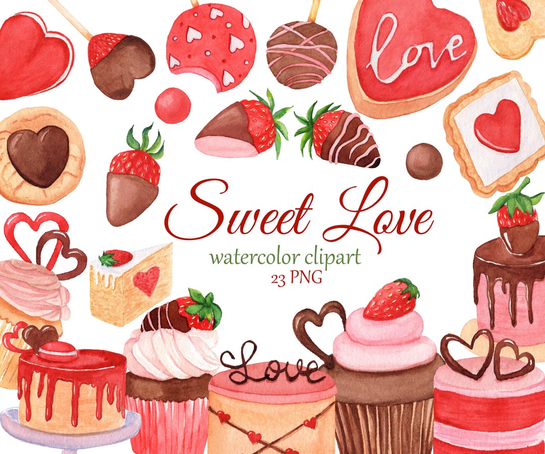 Sweet Love Valentines Day Watercolor Clip Art, Cupcakes, Sweets, Baking ...