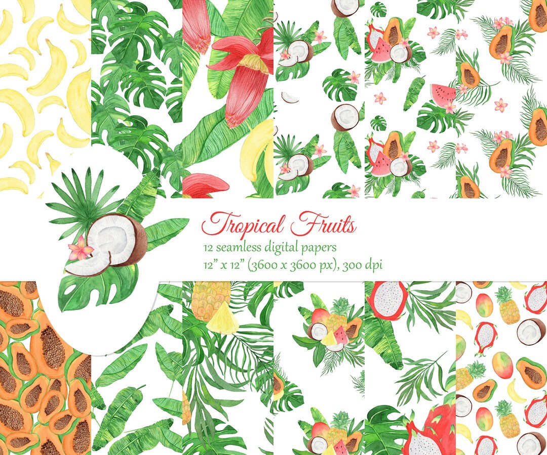 Watercolor Tropical Fruits Digital Papers. Palm Leaves Seamless ...