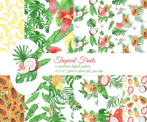 Watercolor Tropical Fruits Digital Papers. Palm Leaves - Etsy