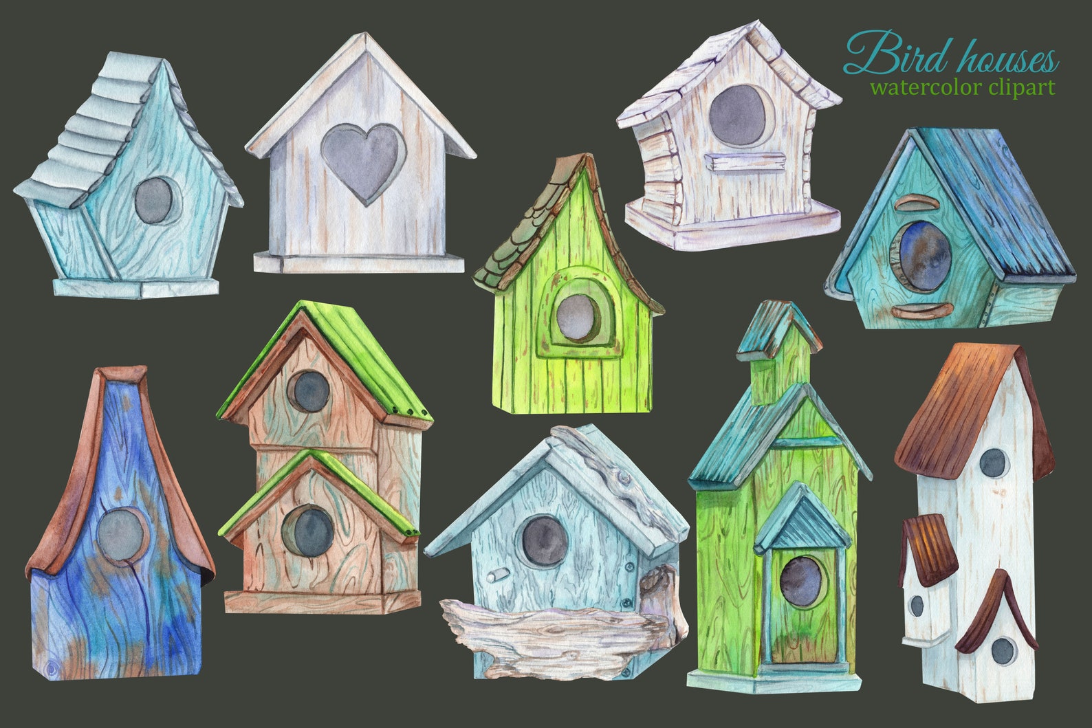 Birdhouses Watercolor Clipart, Bird House, Nesting Box Spring Clipart ...