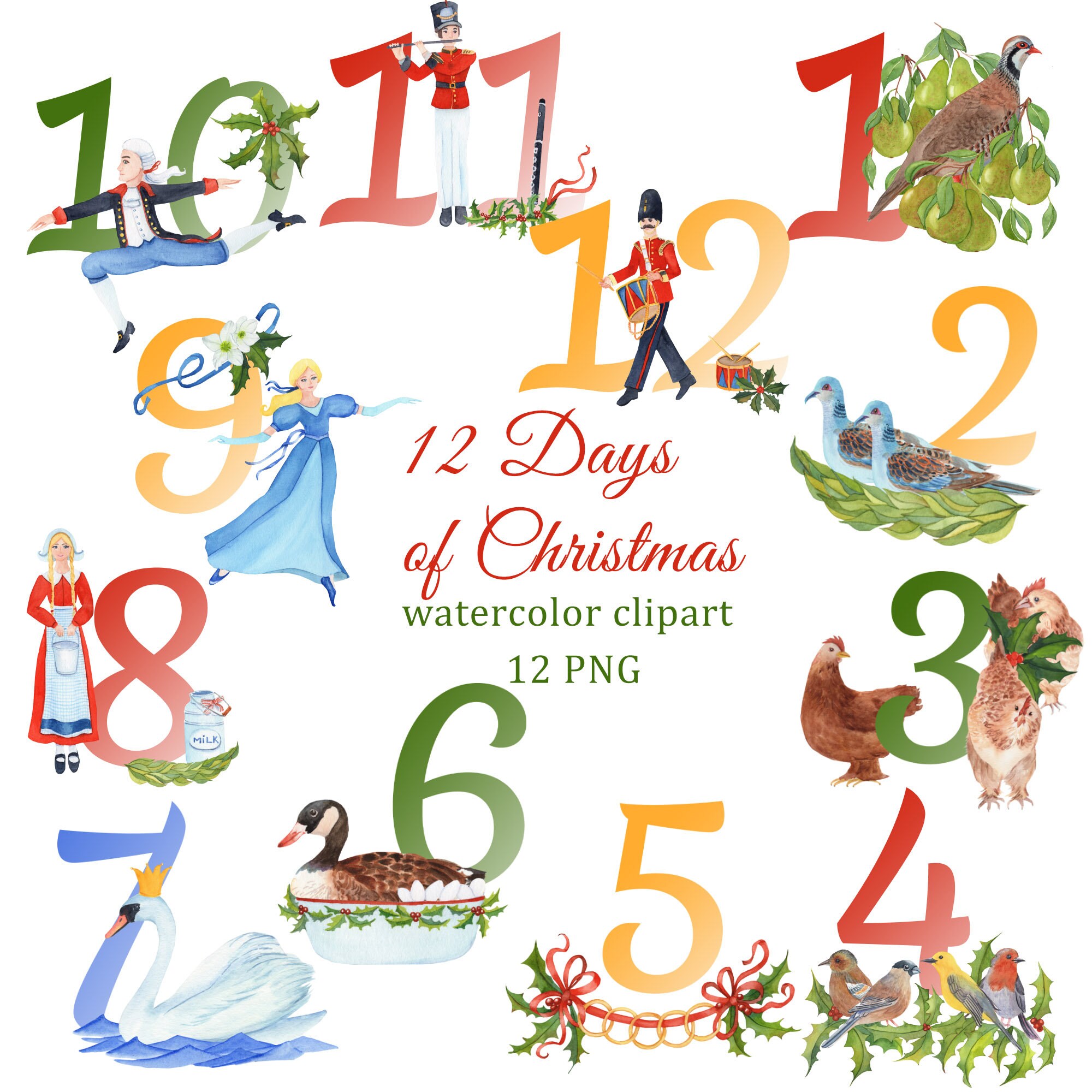 The Twelve Days of Christmas Watercolor Clipart, 12 Days, Partridge in ...