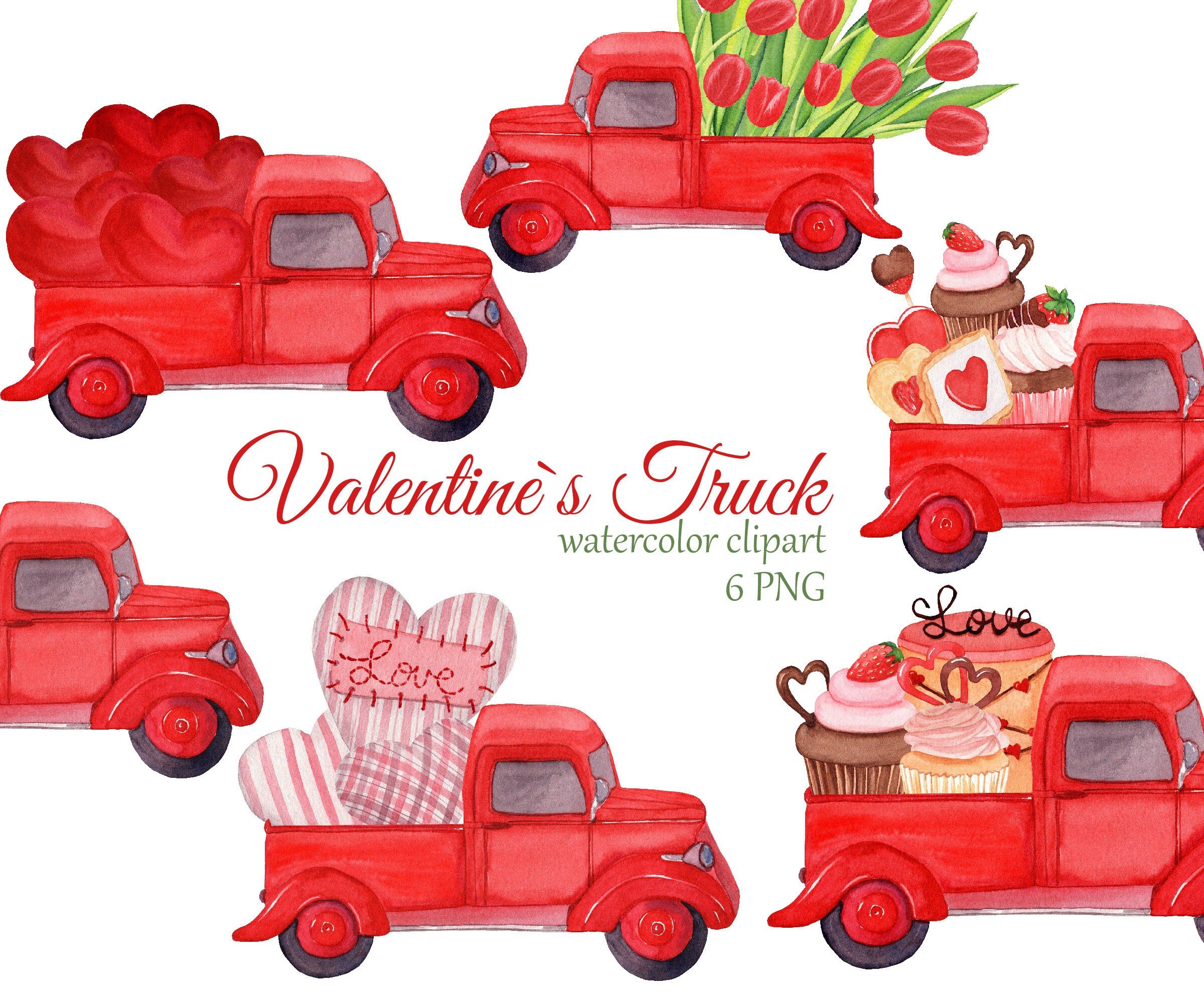 Red Trucks With Hearts, Tulips and Sweets. Valentine's Day Watercolor ...