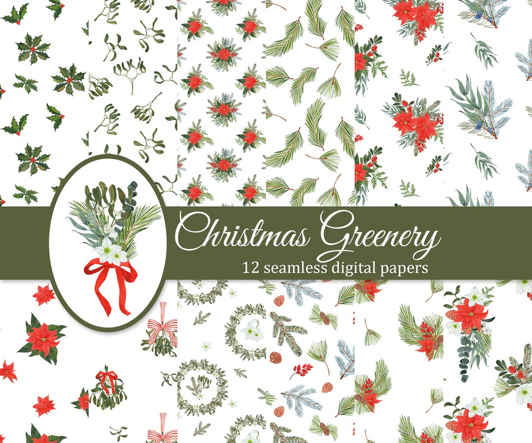 Christmas Floral Digital Papers Pack, Winter Greenery and Flowers ...