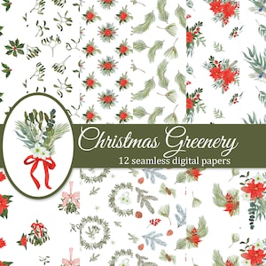 Christmas Floral Digital Papers Pack, Winter Greenery and Flowers ...