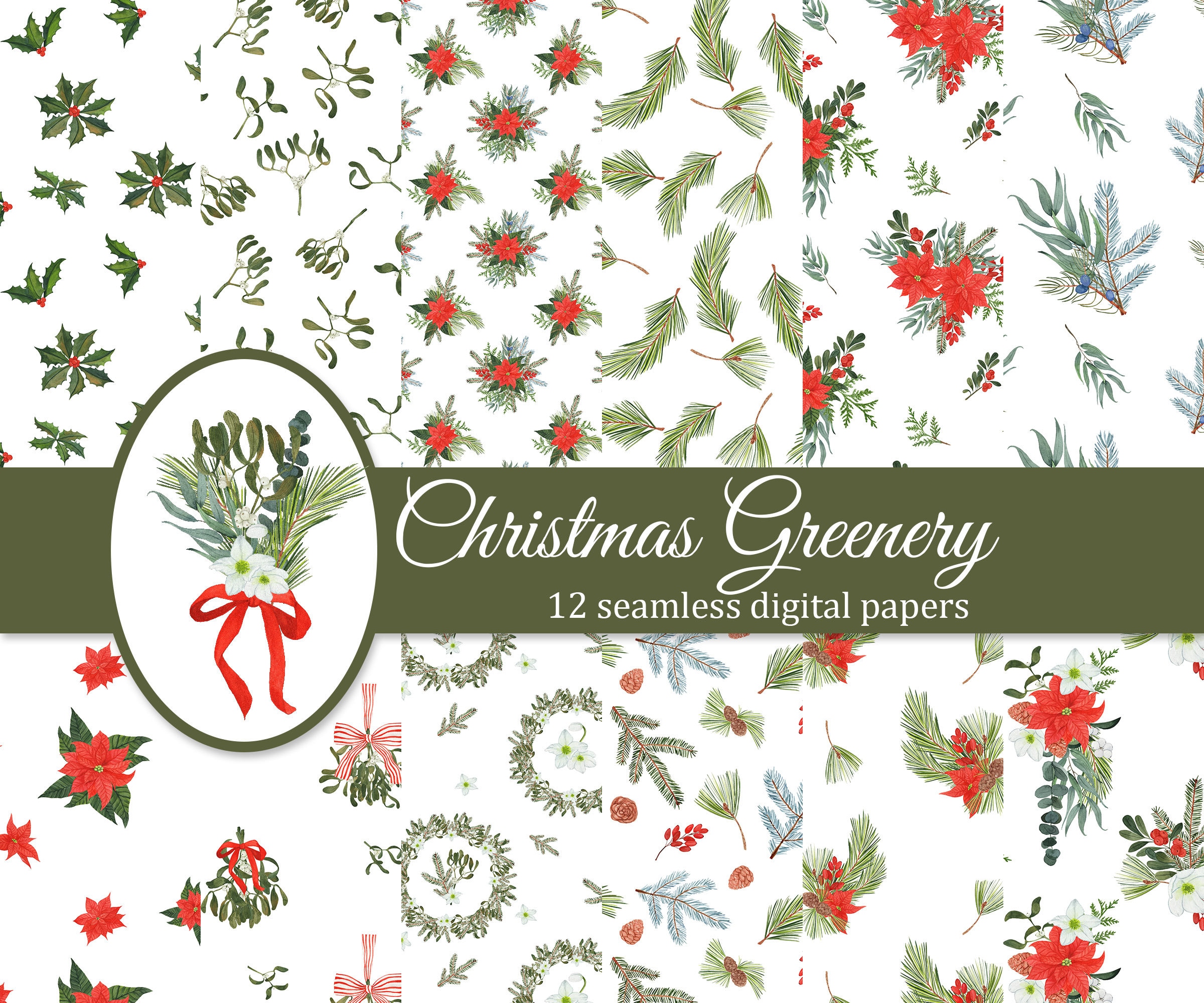 Christmas Floral Digital Papers Pack Winter Greenery and - Etsy
