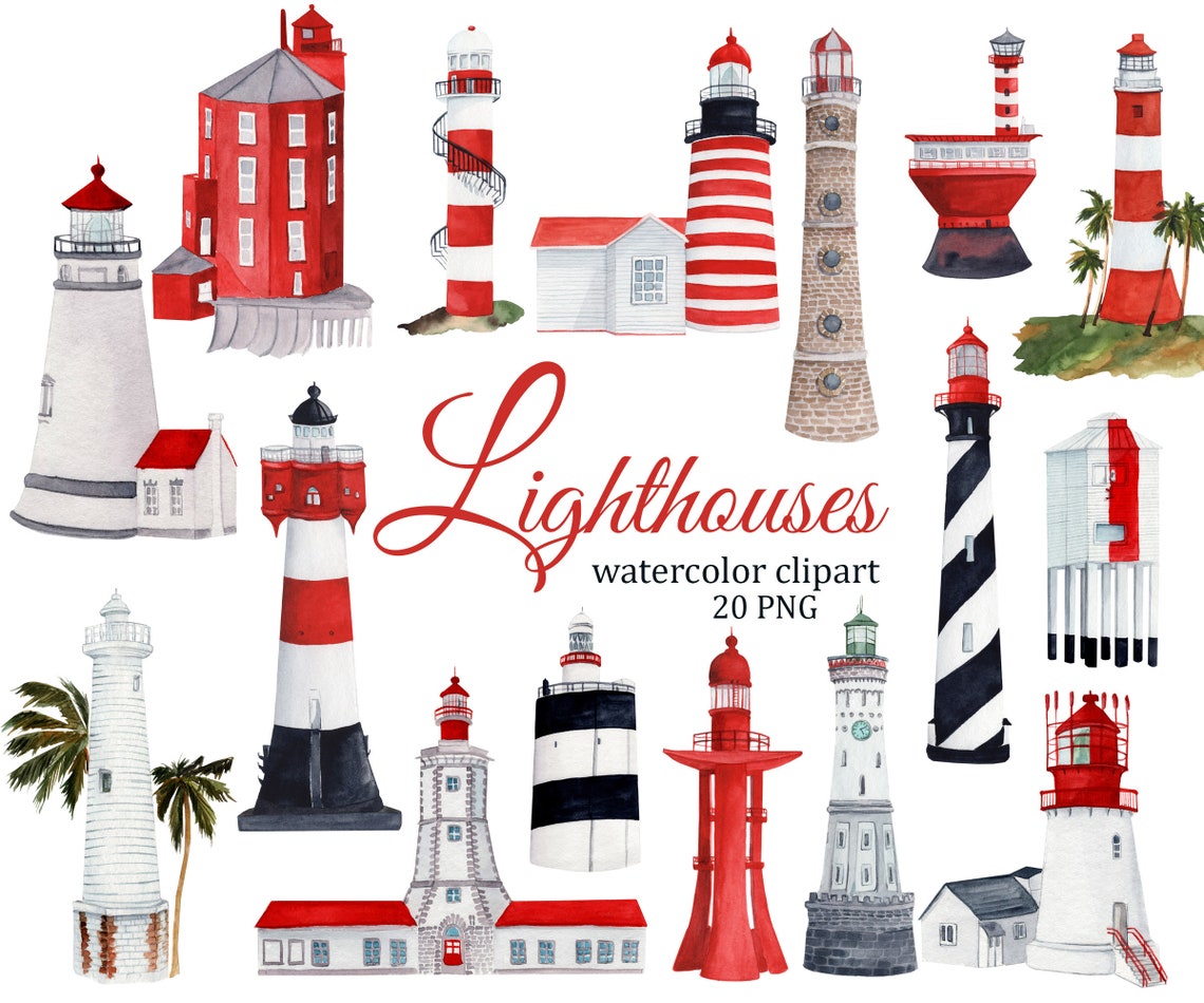Watercolor Lighthouses Clipart Lighthhouse PNG Summer Travel - Etsy