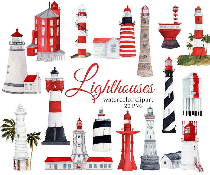 Watercolor Lighthouses Clipart, Lighthhouse PNG, Summer Travel Clipart ...