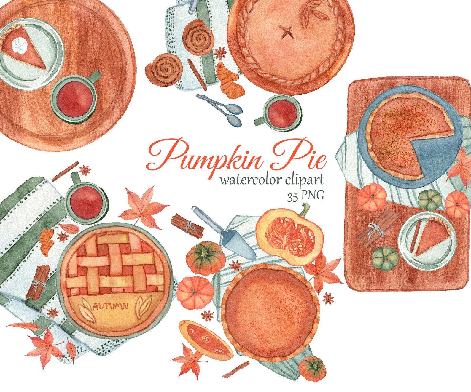 Pumpkin Pie Clipart. Watercolor Fall PNG. Thanksgiving Clipart - Etsy